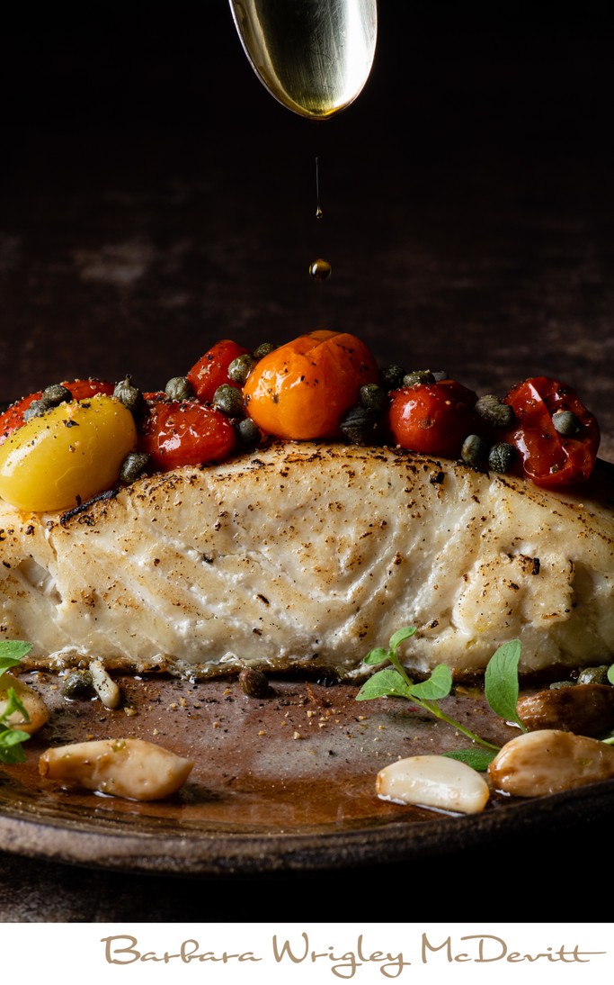 Halibut with Olive Oil Drip - Barbara Wrigley McDevitt | Food, Beverage ...