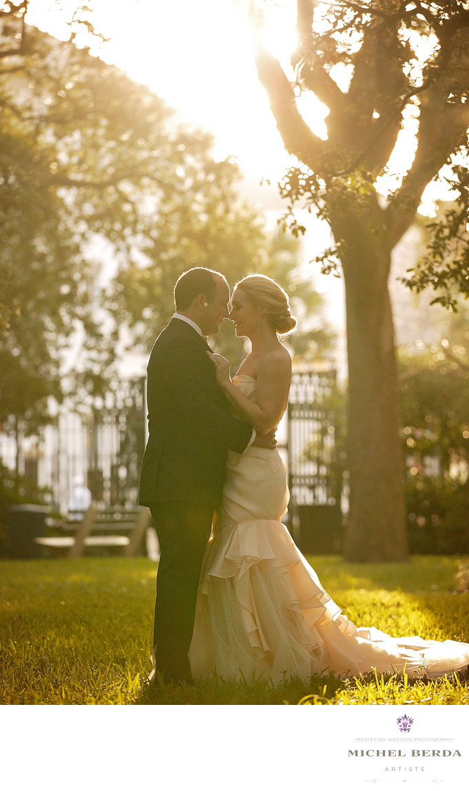 Bride & Groom Sun Burst Washington Square Park Charleston SC - Karen & Matt