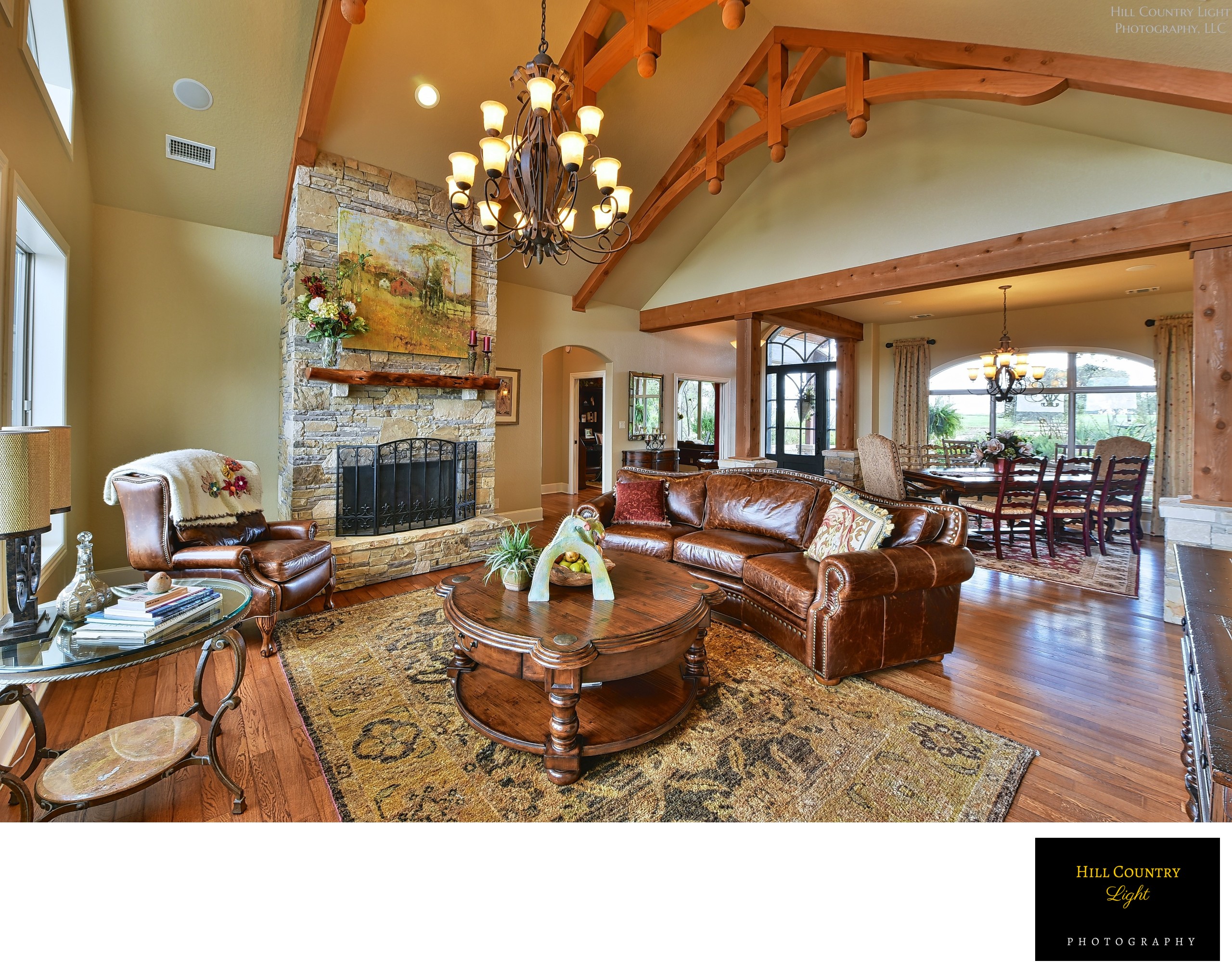 Great Room with trussed ceiling on Flight Path - Hill Country Light ...