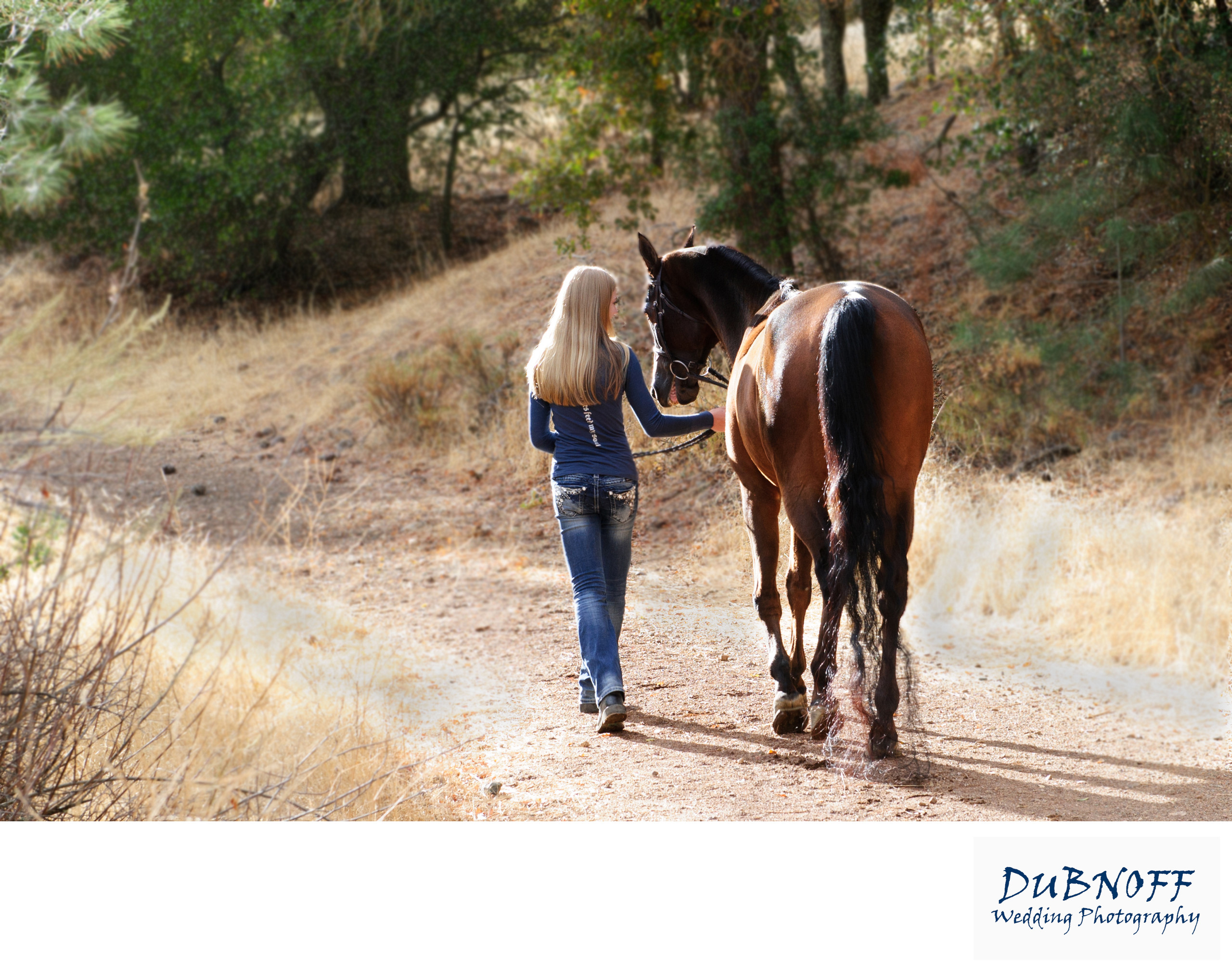 Girl and Horse Walking away in Beautiful Natural Light