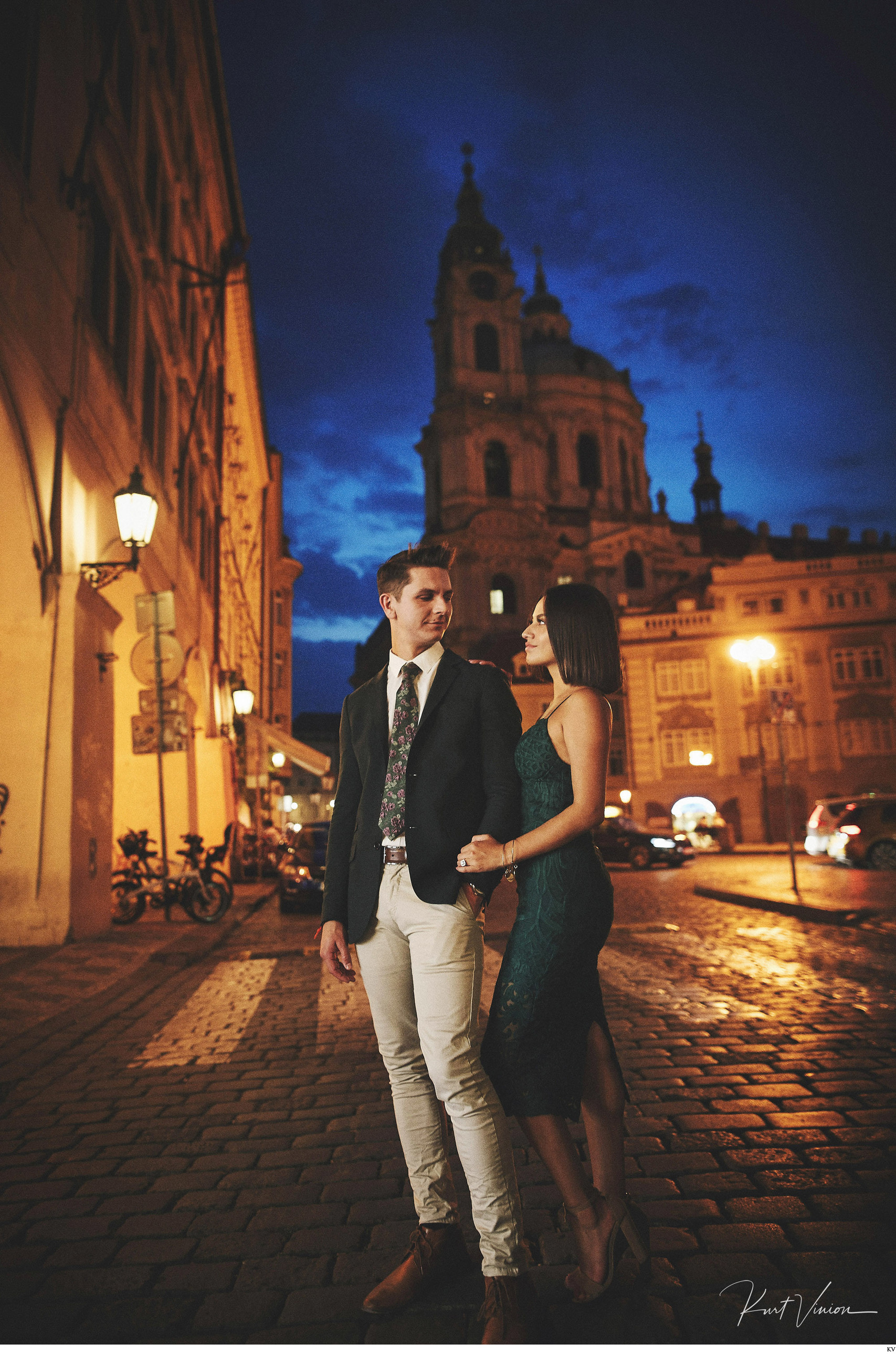 The happily engaged Prague engagement night photo